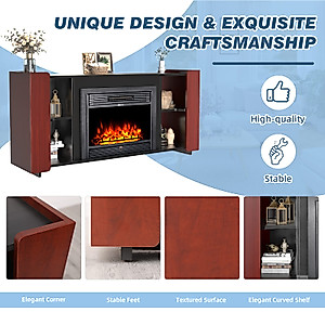 EROMMY 63'' Fireplace TV Stand with 28'' Electric Fireplace Insert, Entertainment Center with 3 Colors Flame Fireplace Heater, TV Console for TVs up to 70'' for Living Room, Bedroom, Office, Cherry