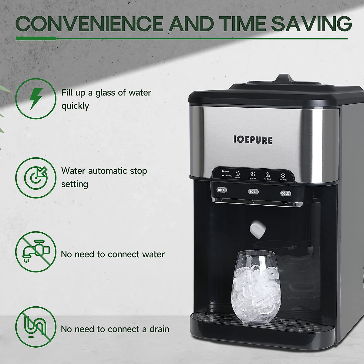 ICEPURE 3-in-1 Ice Maker with Water Cooler Dispenser, Top Loading, Quick Make hot, Cold Water & Bullet-Shaped ice Cube, 44lbs/24hrs, Countertop for Home/Office/Dormitorhoury, Silver