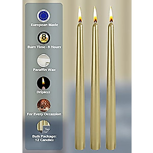 Hyoola Tall Metallic Cream Gold Taper Candles - 10 Inch - Dripless - 12 Pack - 8 Hour Burn Time
