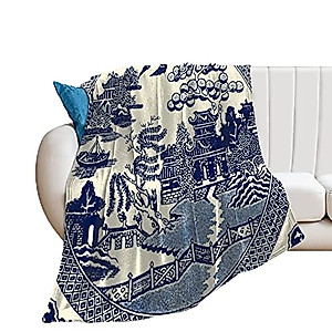 Ancient China Blue Willow Chinoiserie Flannel Fleece Throw Blankets 50"X40" Lightweight Fluffy Winter Fall Blanket Cozy Soft Fuzzy Plush Home Decor for Couch Bed Sofa Bedroom Living Room Travel