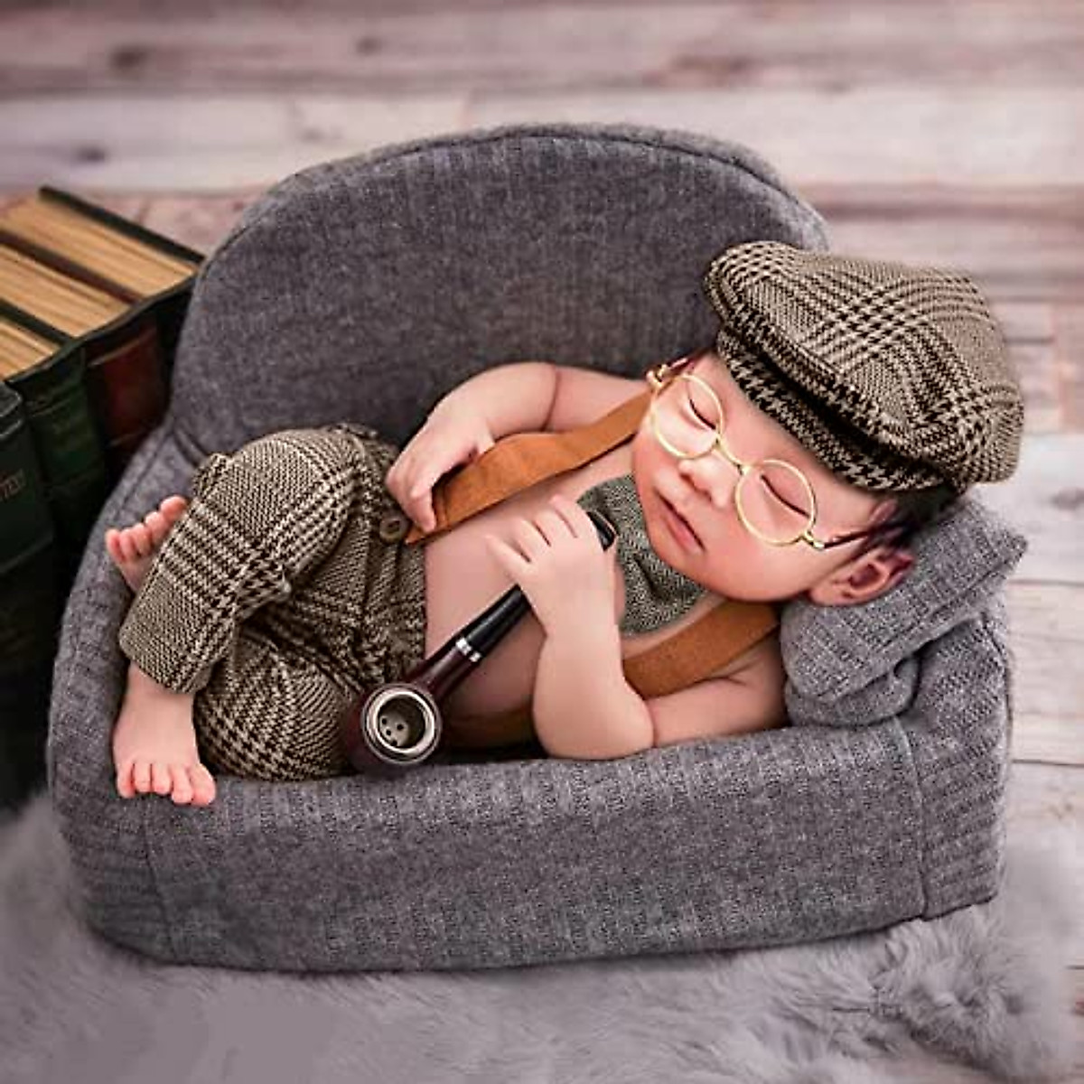 SPOKKI 4 Pcs Newborn Baby Photo Props, Lattice Rompers Suspender Pants with Beret Glasses Bow Tie for Infant Boys' Costumes, Newborn Boy Photography Outfit Set, Checked Fabric Gentleman Suit (Brown)
