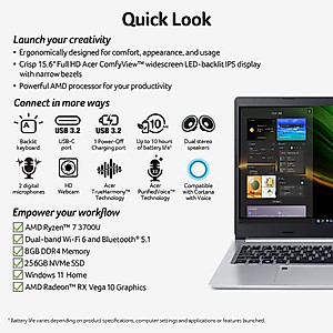 Acer Aspire 5 A515-46-R3CZ Slim Laptop | 15.6" Full HD IPS | AMD Ryzen 7 3700U Quad-Core Mobile Processor | 8GB DDR4 | 256GB NVMe SSD | WiFi 6 | Backlit KB | Fingerprint Reader | Windows 11 Home
