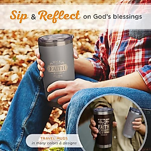 Christian Art Gifts Stainless Steel Double Wall Vacuum Insulated Travel Mug 18 oz Gray Bible Verse Tumbler with Retractable Lid for Men & Women - Walk by Faith - 2 Corinthian 5:7