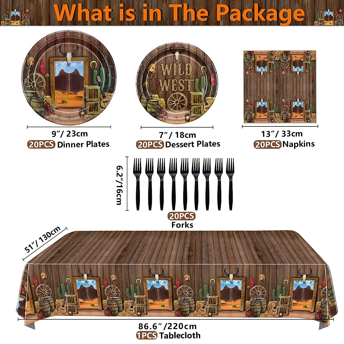Hegbolke Western Party Decorations - 81 Pcs Plates, Napkins, Western Tablecloth, Black Forks Set for Western Birthday Party Decorations Western Party Supplies, Serve 20