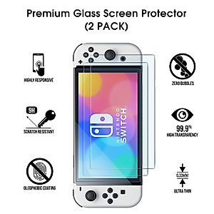 amFilm Switch OLED Accessories Bundle TechMatte 3-in-1 Essential Kit with Carrying Case, 2 Glass Screen Protectors, Designed for Nintendo Switch OLED Model 2021, Classic Black