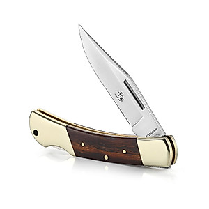 SENBON folding lock back knife 4in 440a sharp outdoor knife sand iron wood copper handle with Leather Sheath