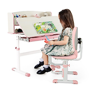 Costzon Kids Desk and Chair Set, Height Adjustable Children School Study Table and Chair Set w/Tilt Desktop, Storage Drawer Hutch, Student Computer Workstation, Kids Desk for Girls Bedroom (Pink)