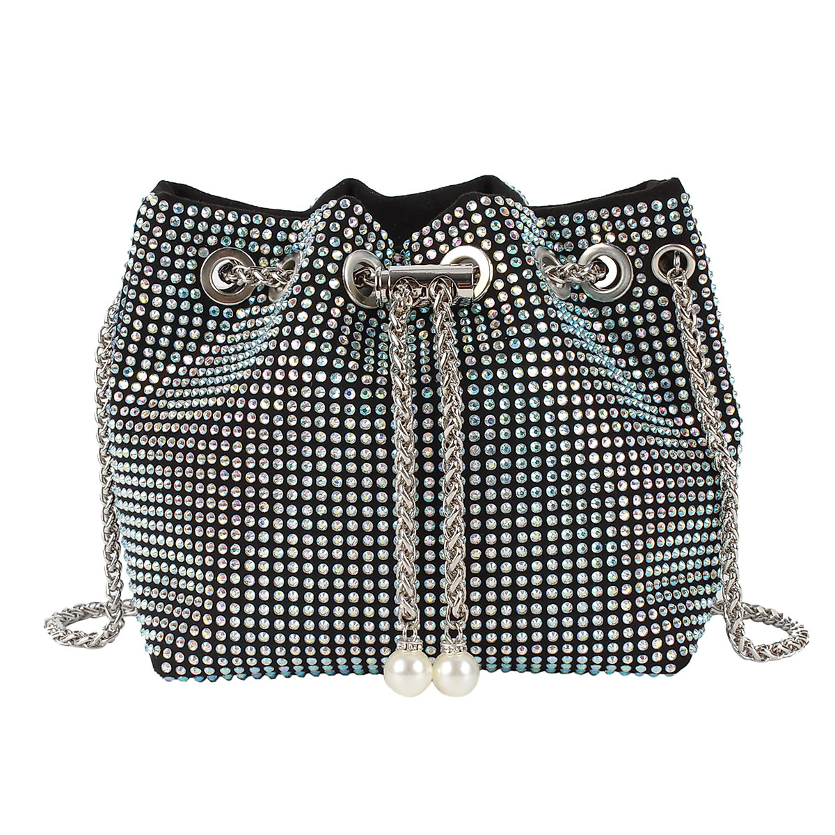 Hyuyikuwol Women Rhinestones Crystal Clutch Drawstring Bucket Bag Mini Evening Bags Crossbody Purses Pearl Party Prom Wedding, Blue