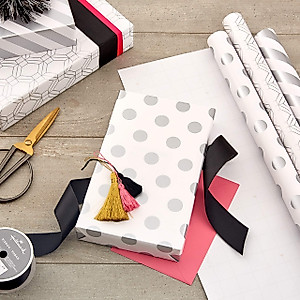 Hallmark Silver and White Wrapping Paper with Cutlines on Reverse (3 Rolls: 105 sq. ft. ttl) Stripes, Dots, Geometric for Weddings, Christmas, Hanukkah, Bridal Showers, Birthdays