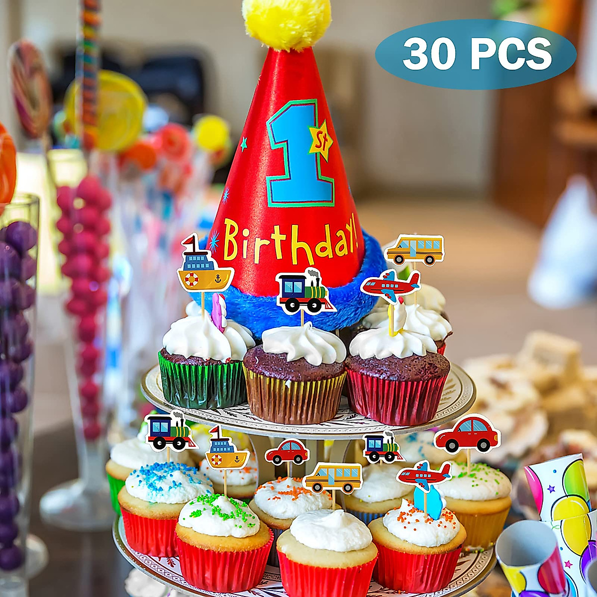 BIEUFBJI Transportation Cupcake Toppers 30 Pack Car Truck Train Airplane Ship Party Cake Toppers Picks for Kids Birthday Baby Shower Party Decorations Supplies