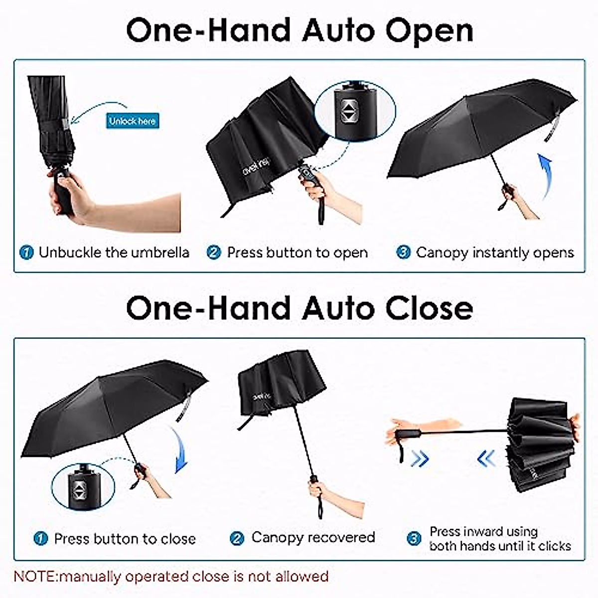 travel inspira Folding Umbrella - Travel Umbrella Compact Automatic Open Close, 12 Ribs Windproof UPF 50+ UV Protection for Rain, Snow, Sunny, Black