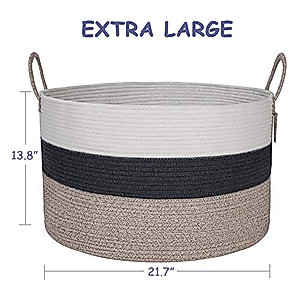 Extra Large Woven Cotton Rope Basket 21.7"X13.8" | XXXL Storage Basket Kid&Baby Clothes Hamper Laundry Bin Nursery with Handles for Toys,Towels,Pillows-Decor Blanket Basket Living Room