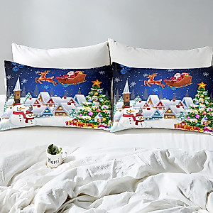 Manfei Christmas Sheet Set Full Size Snowman Christmas Tree Print Bed Sheet Set 4pcs with Deep Pocket Fitted Sheet + Flat Sheet + 2 Pillowcases Santa Claus with Reindeer Bedding Set for Kids Girls