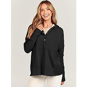 ANRABESS Women Casual Henley Hoodies Oversized Sweatshirt Ribbed Knit Long Sleeve Shirts Buttons V Neck Loose Baggy Sweater Hooded Pullover Fashion 2023 Fall Clothes 1064heise-S Black