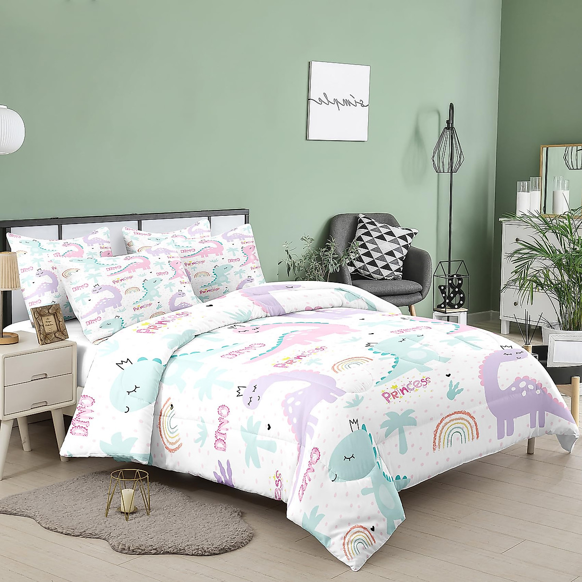 NINENINE Twin Bedding Sets for Girls Dinosaur Comforter Set Princess Bedding Toddler Comforter Sets for Kids Cute Bed Sets with 1 Comforter 1 Pillowcase