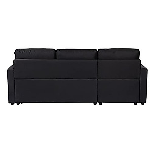 FurniFusion Living Room L-Shape Linen Reversible Sleeper Sectional Sofa with Storage Chaise, Black Corner Couch with Arms for Home Furniture, Apartment, Dorm, 82 Inch