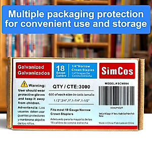 SimCos 18 Gauge 1/4" Narrow Crown Staples (1-1/2",1-1/4" 1", 3/4", 1/2"), Galvanized Assorted Sizes for 18 GA Pneumatic or Electric Stapler or Staple Gun,Project Pack (Assembly 3000)