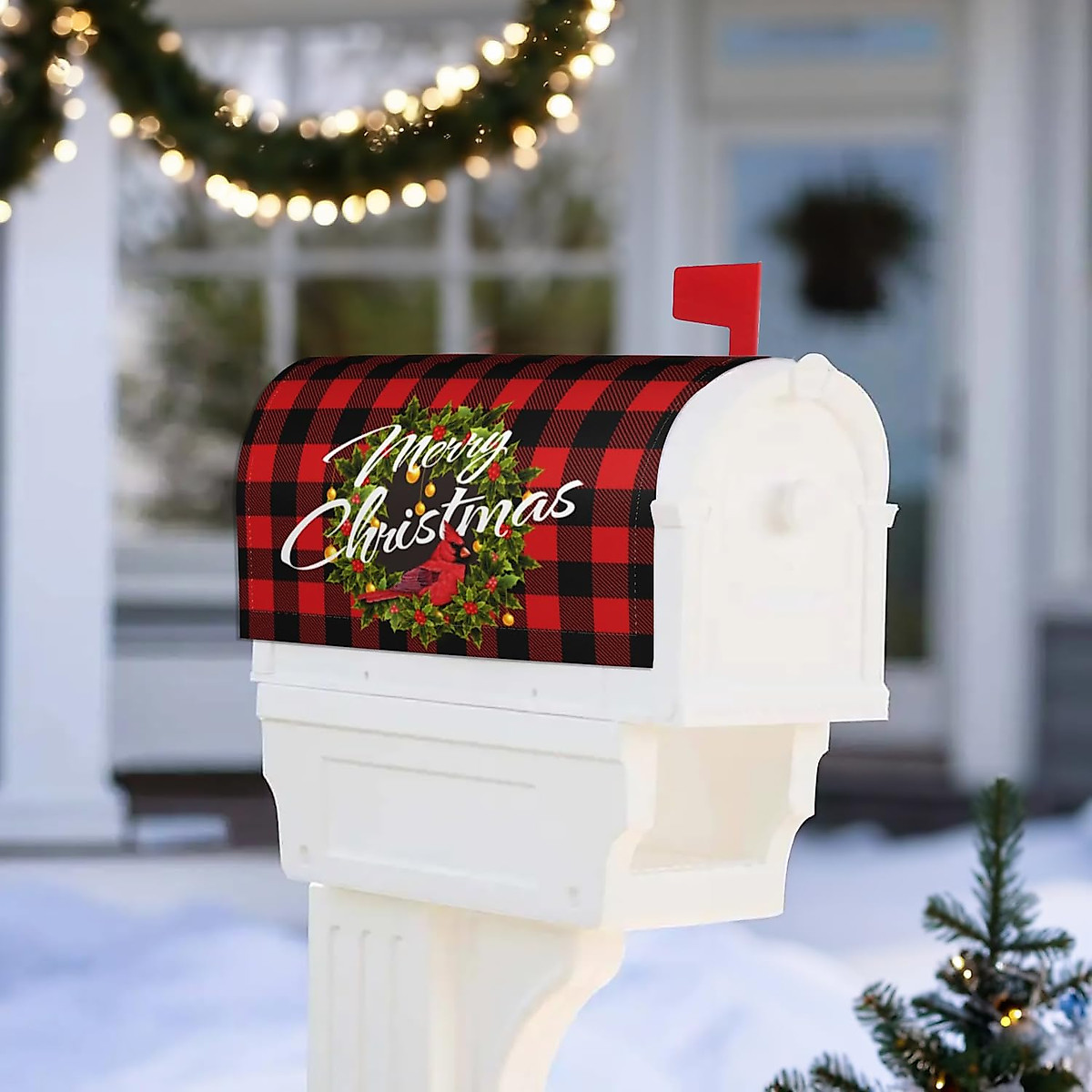 Merry Christmas Mailbox Cover Magnetic Winter Xmas Wreath Red Buffalo Plaid Mailbox Cover Garden Yard Home Decor Outdoor Yard Farmhouse Home Mailbox Cover Magnetic Standard 21" L x 18" W