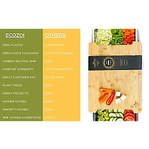 ecozoi Bamboo Cutting Board with Containers, Large Wood Cutting Board with Slide Out Trays, Eco Friendly Space Saver and Non Slip Chopping Board, Wooden Butcher Block with Pull Out Drawers