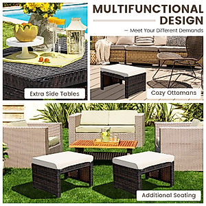 RELAX4LIFE 2-Piece Wicker Outdoor Ottoman, Rattan Footrest Set of 2 with Removable Cushions, 3-in-1 Foot Stool, Side Table & Additional Seating, Outdoor Footstools for Patio Backyard (White)