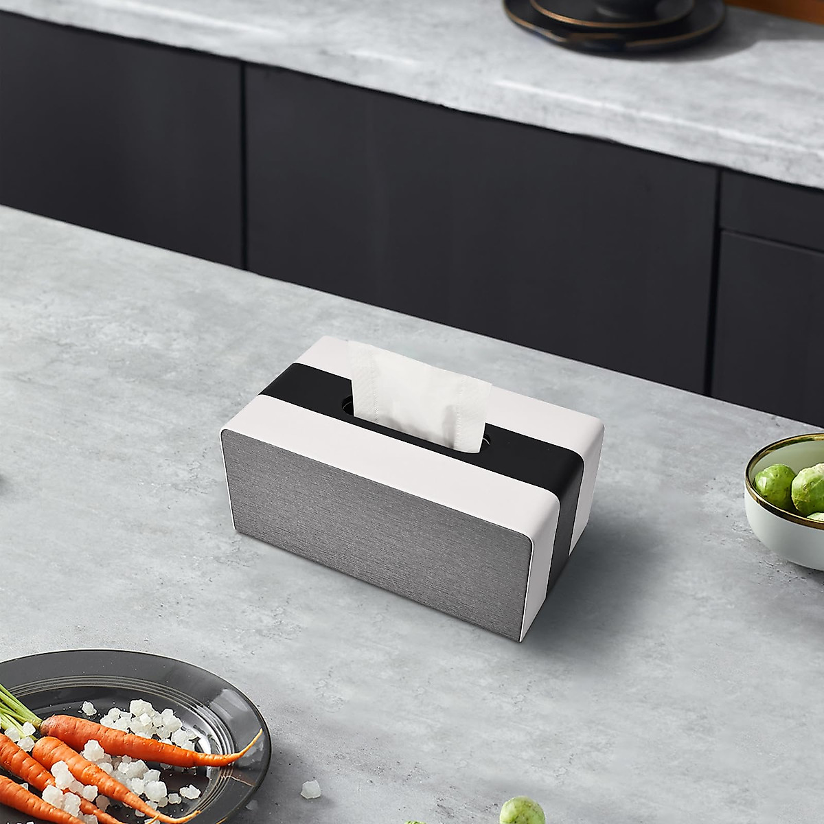 Tissue Box Cover, New PU Leather Kleenex Box Covers Rectangular Tissue Holder for Home/Office/Car Decoration 9.84"X5.59"X4.13" - Elegant Black&White