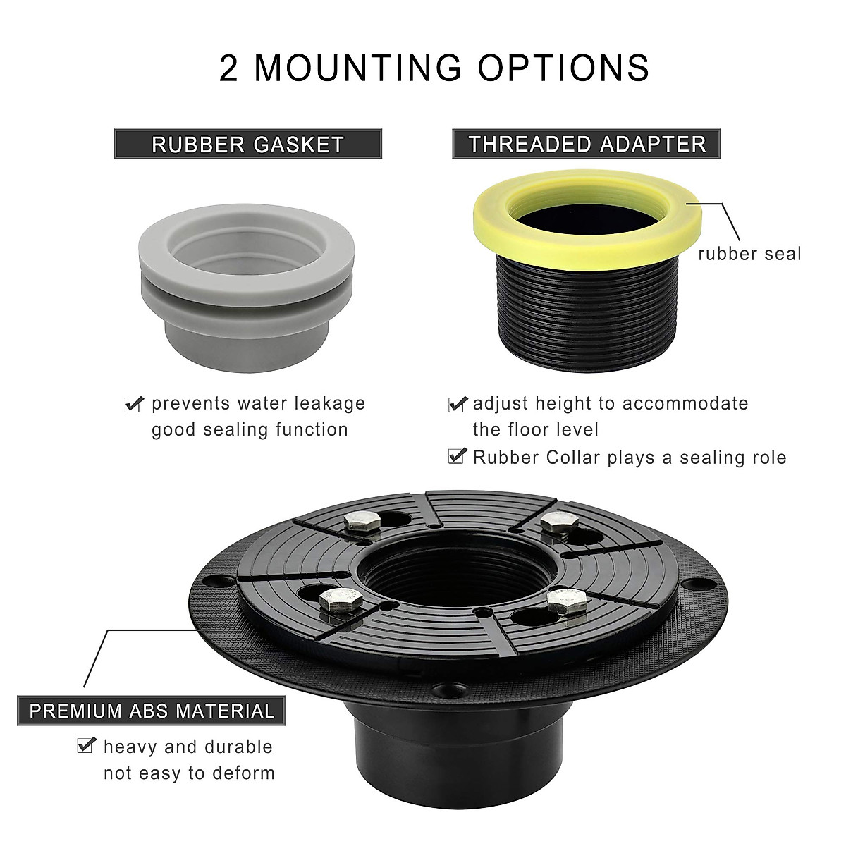 Orhemus 2 inch Shower Drain Base Flange Kit with Rubber Coupler Gasket, Threaded Adjustable Ring Adaptor for No Hub Square Linear Floor Drain Installation