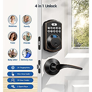 Veise Fingerprint Door Lock with 2 Lever Handles - Keyless Entry Door Lock, Electronic Keypad Deadbolt & Front Door Lock Handle Sets, Auto Lock & 1 Touch Locking, Easy Installation, Oil Rubbed Bronze