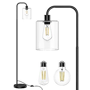 Isloys Floor Lamp, Industrial Floor Lamp with 2 LED Bulbs, LED Floor Lamp with Glass Shade, Modern Standing Lamp for Living Room Bedroom Office Farmhouse-Matte Black