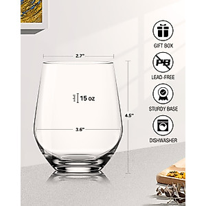 OJA Stemless Wine Glasses Set of 4, Premium Crystal Red White Wine Glasses, No Stem, Clear-15oz, Sturdy Drinking Glass for Daily Use, Birthday, Wedding, Home Party, Anniversary, Shower Gift