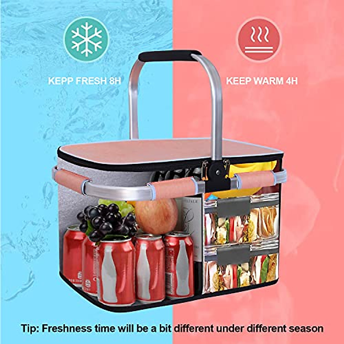 LIQING 35L Large Picnic Basket, Shopping, Travel, Camping Grocery Bags, 2 Layers of Internal Pockets Leak-Proof and Insulated, Folding, Internal Support Does Not Collapse
