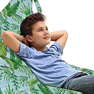 Lunarable Blue Green Lounger Chair Bag, Tropical Illustration of Exotic Leaves Island Hawaiian Plantation, High Capacity Storage with Handle Container, Lounger Size, Pale Blue and Fern Green