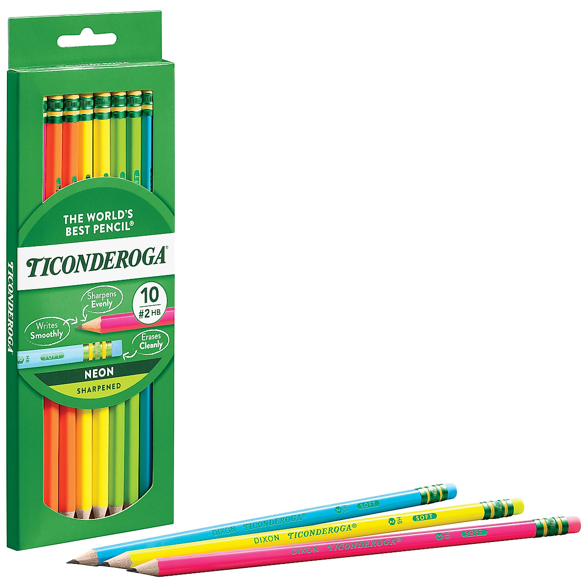 Ticonderoga Wood-Cased Pencils, #2 HB Soft, Pre-Sharpened, Neon, 10 Count (X13810)