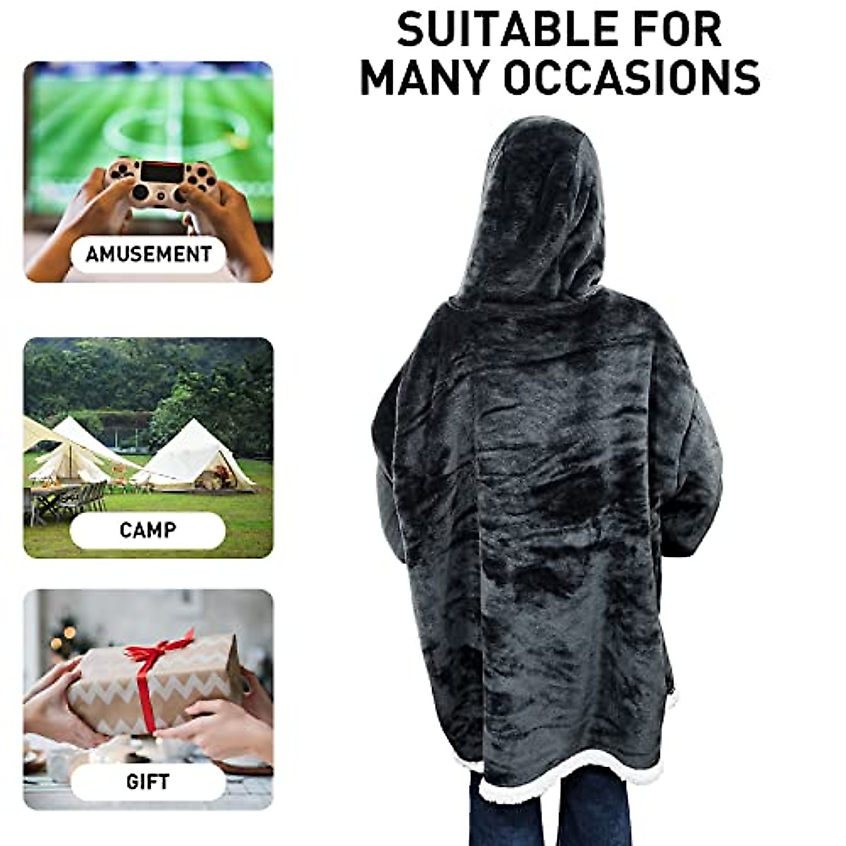 Wearable Sherpa Oversized Blanket Hoodie, Super Soft Warm Sweatshirt with Hood Pocket and Sleeves, Thick Plush Hooded Blanket for Women Men, One Size Fits All, Grey