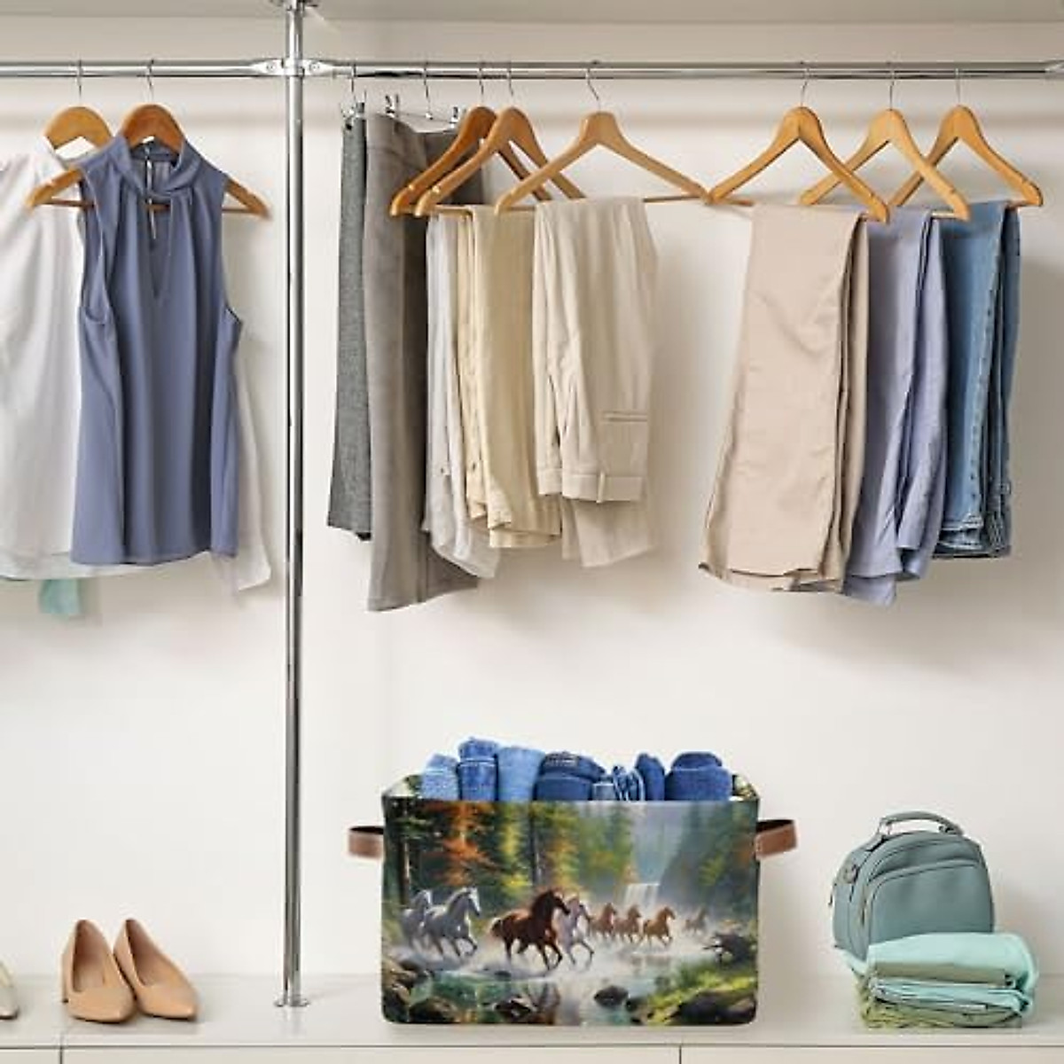 STAYTOP Large Storage Basket Collapsible Toy Storage Bins Waterproof Laundry Basket with Handle.Used for Home Closets, Offices, Bedrooms, Kids Toy and Gift Baskets-Running Horses（Rectangular）1PCS