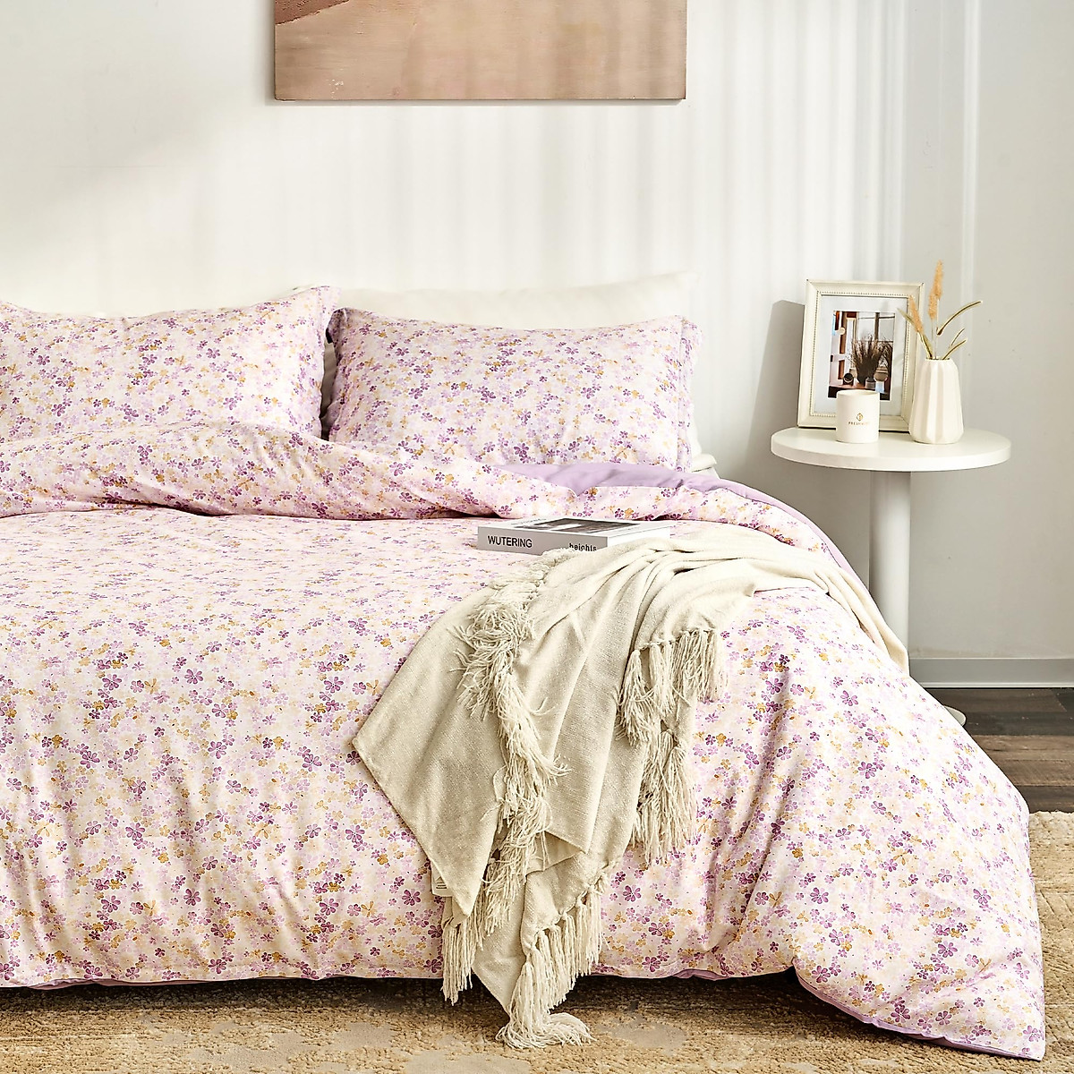 McVernon's Floral Duvet Cover Twin Size, 2 Pcs Purple-Pink Duvet Cover for All Season, Soft, Breathable ＆ Durable Bedding Sets with Zipper Closure and Ties, 1 Duvet Cover and 1 Pillow Shams
