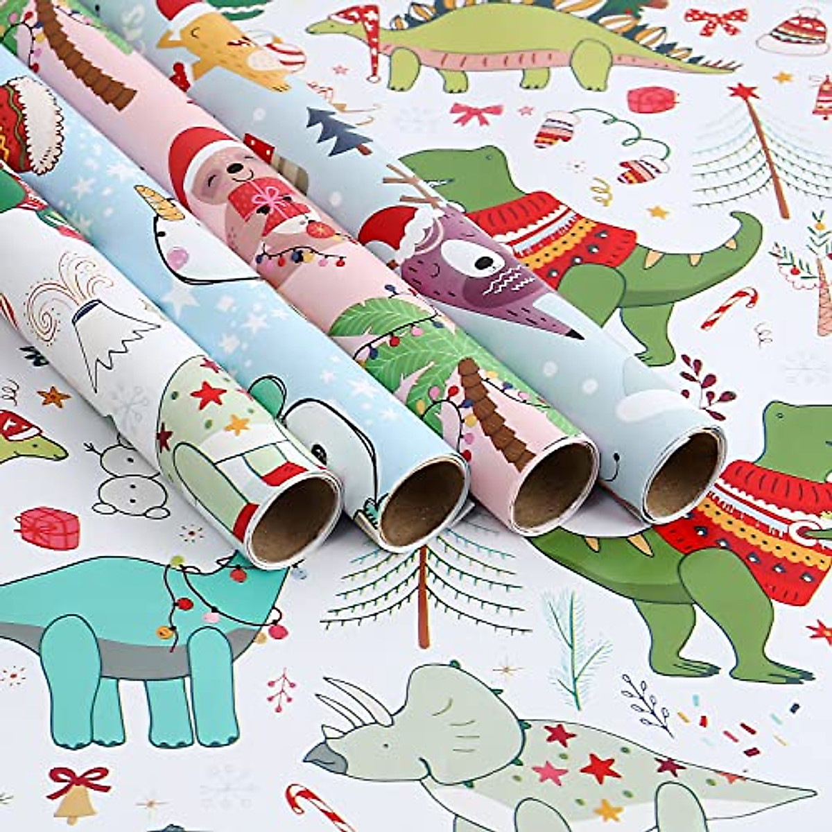AUCLAY Christmas Wrapping Paper Rolls for Kids Holiday Gift Wrap - Cute Styles Included Dinosaur, Snowman, Santa Animals, Alpaca and Sloth - Pack of 4, 23.6 Inch X 8 Feet per Roll