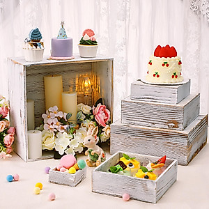 Roowest 6 Pcs Wood Cupcake Display Stand Whitewashed Decorative Dessert Wood Cake Stand Risers Wooden Rustic Square Stackable Decorative Box Risers for Wedding Birthday Christmas Party