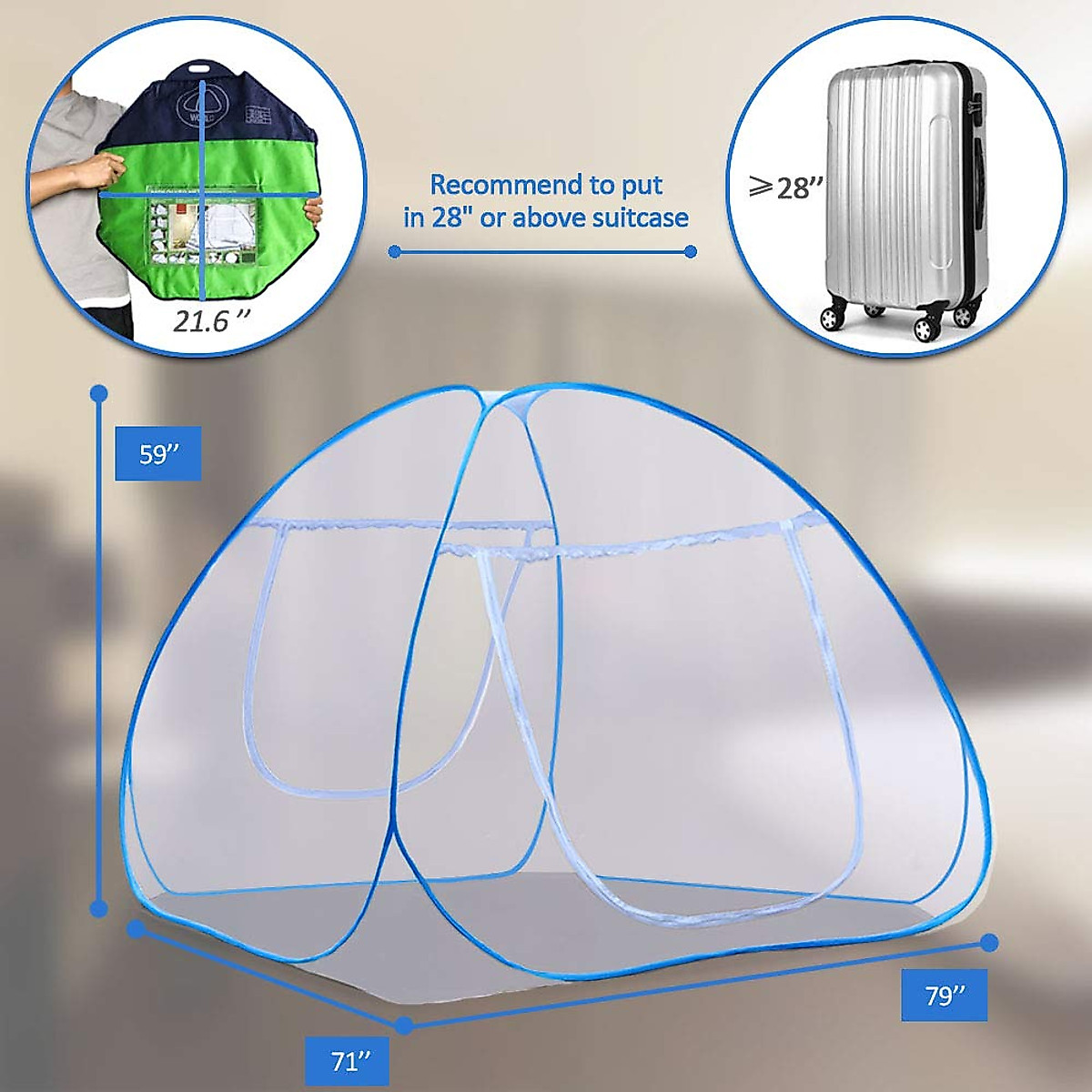 Mintime Pop-Up Mosquito Net Portable Folding Mosquito Net Tent with Bottom Double Doors Bed Tent for Baby Toddlers Adult (King Size, 71"x79"x59") (Blue)