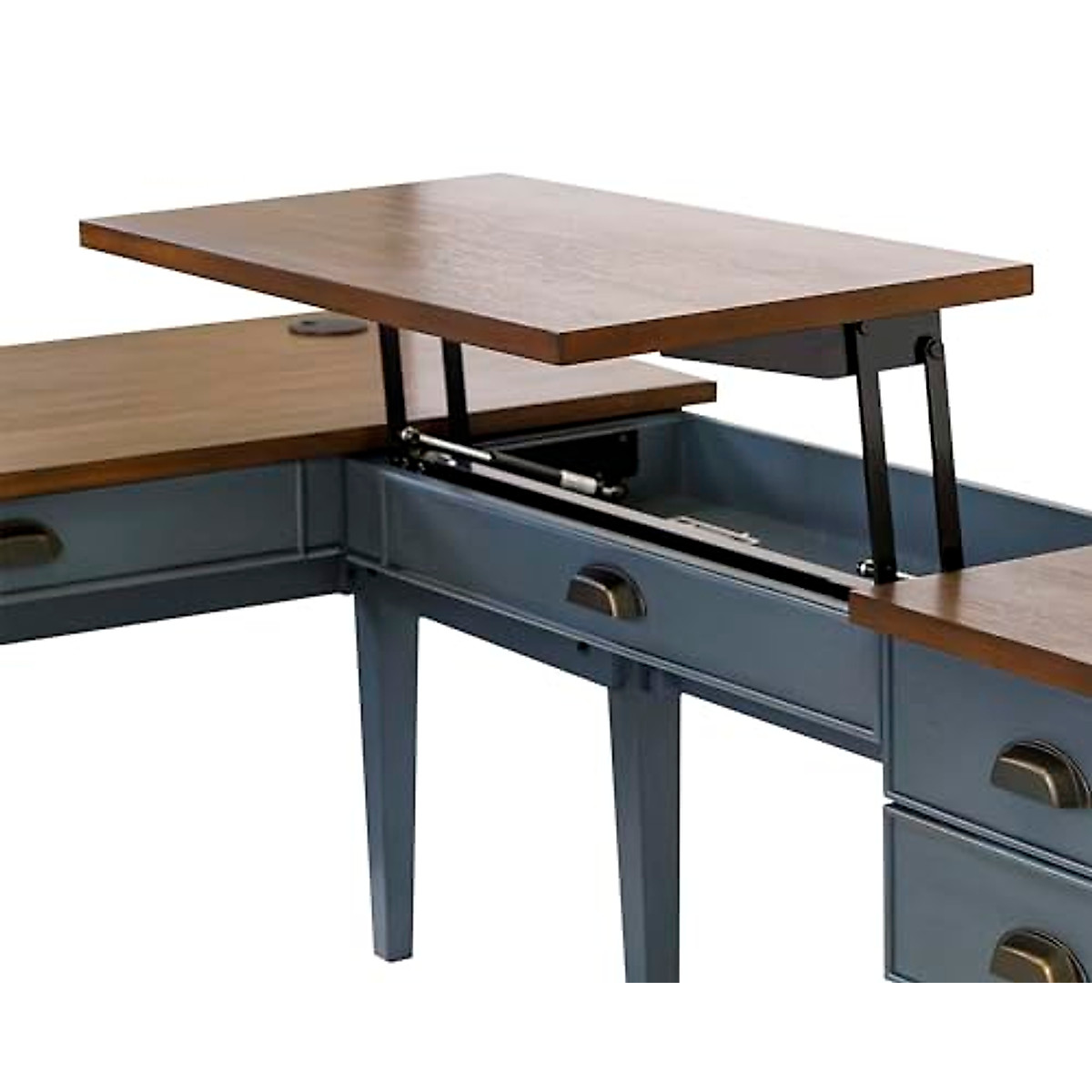 Farmhouse Wood Half-Pedestal Writing Desk and Return, Open L-Shaped Table and Return, Office Desk and Return, Blue