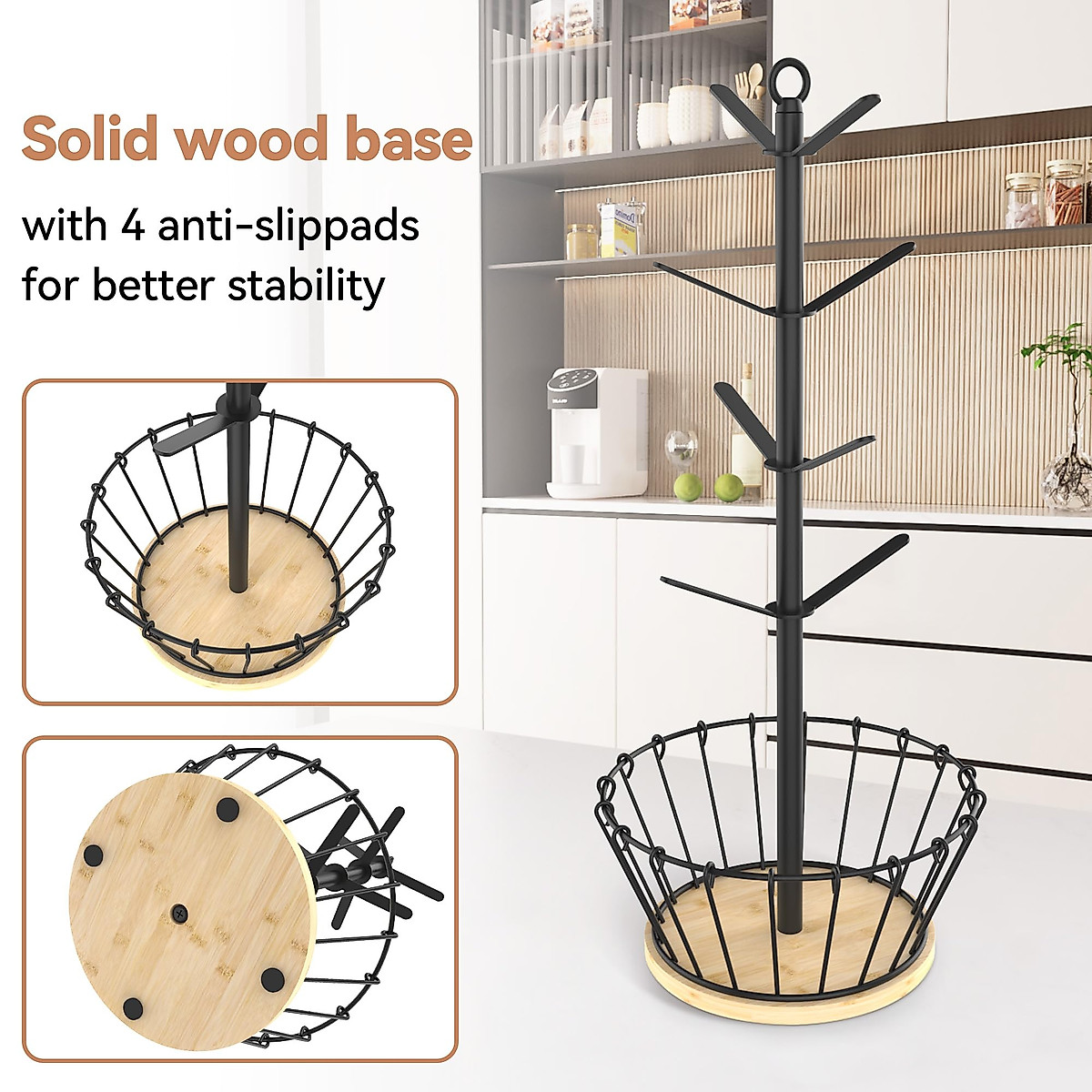 simesove Drying Storage Rack Holder Home Storage Mug Hooks Multipurpose Display Stand Metal Tree Shape Mug Coffee Cups Stand with 8 Hooks-Bamboo Base with Coffee Basket