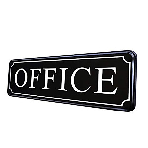 The Office sign for door or wall — quick easy installation. Self-adhesive — 9 X 3 in. The Best sign for home office and business. White big letters on black plate. Main office sign