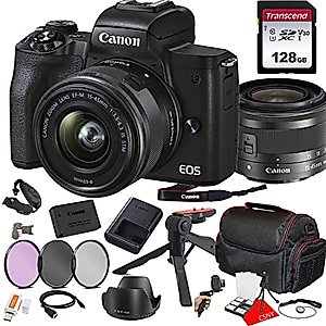 Canon EOS M50 Mark II 24MP Mirrorless Camera with 15-45mm Lens + 128GB Memory + Case + Filters + Tripod + 3 Piece Filter Kit + More (24pc Bundle) (Renewed)