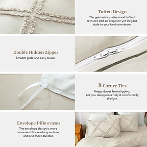 MILDLY Boho Duvet Cover Beige - Tufted Comforter Cover Set Geometric Textured Jacquard King Size Bedding Set with Corner Ties & Zipper Closure