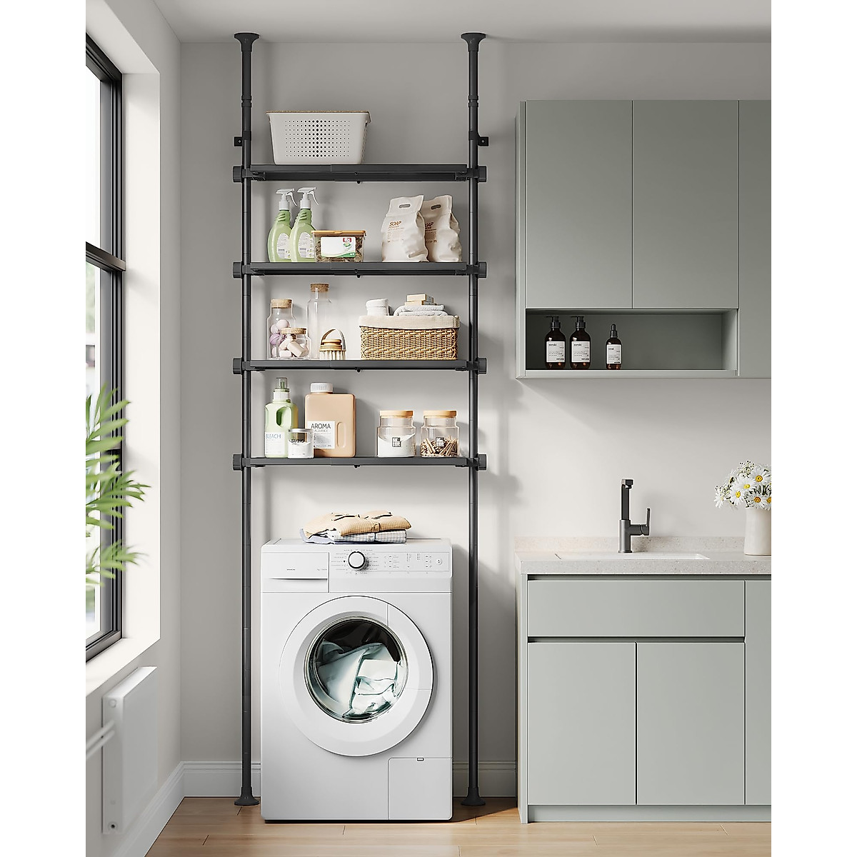 SONGMICS Bathroom Organizer 4-Tier, Over The Toilet Storage Shelf, 4 Height Adjustable and Extendable Shelves, 35.4 to 122.1 Inch Tall, for Small Spaces, Bathroom, Living Room, Ink Black UBTS021B01