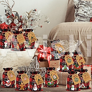 60Pcs Cotton Christmas Drawstring Bags Buffalo Plaid Xmas Gift Bags Cotton Xmas Candy Bags Small Christmas Fabric Bags Goody Gift Bags Treat Sacks Reusable Gift Wrapping Bags Holiday Party Favors