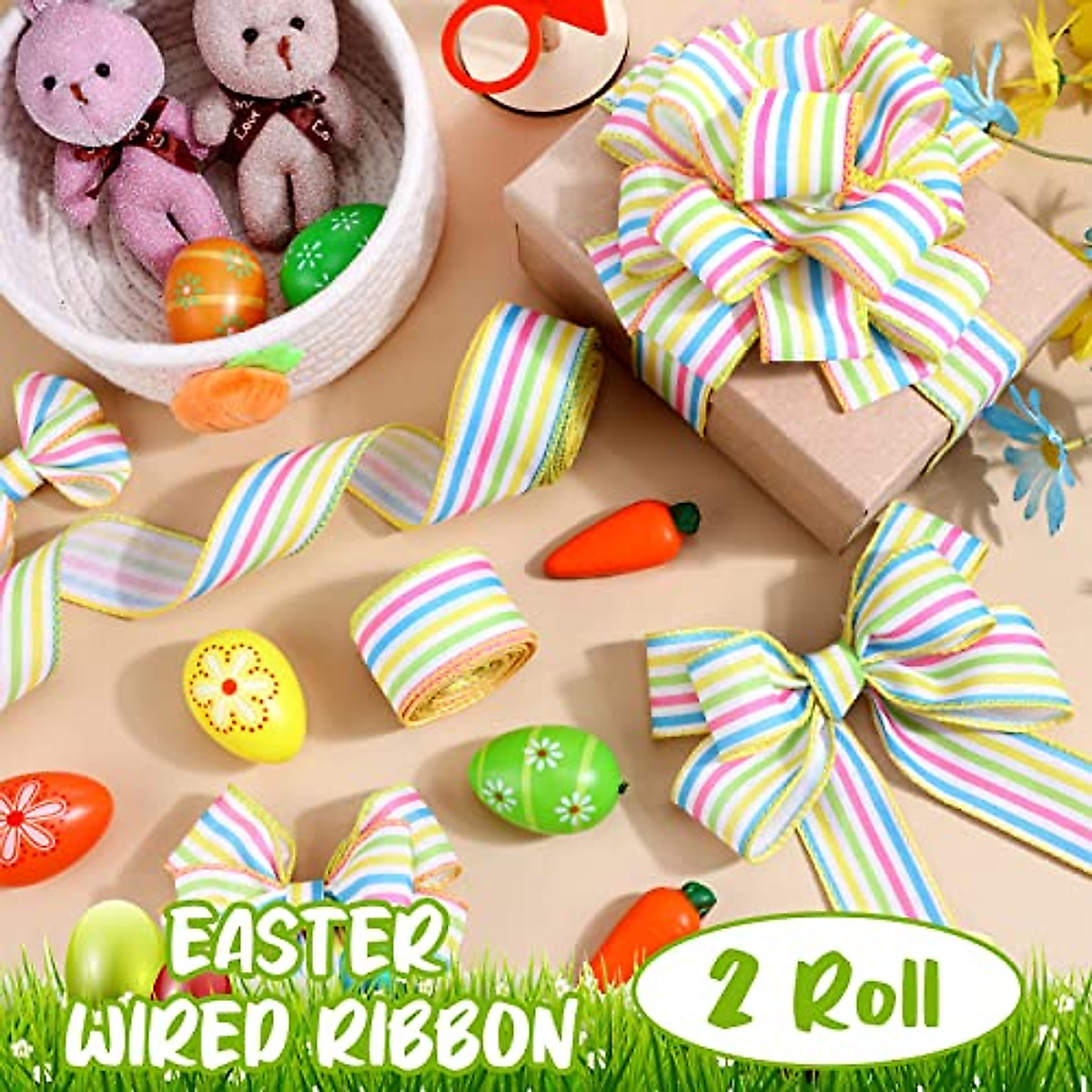 20 Yard Spring Ribbon Easter Stripe Wired Ribbon Burlap Pastel Stripe Ribbon Pink Lime Yellow White Blue 2 Rolls for Spring DIY Craft Baby Shower Gender Reveal Easter Holiday Decoration (1.5'')
