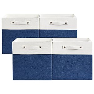 Foldable Storage Bins 13x13 Storage Cubes Fabric Linen Storage Baskets for Shelves Drawer with Handles for Organizing Closet, Utility Room, Storage Room, Nursery, Bedroom Set of 4 White & Navy Blue