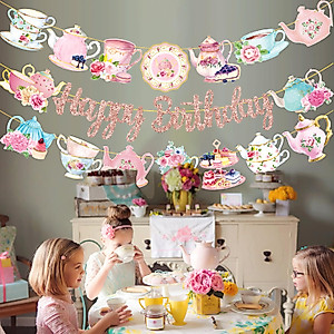 Tea Party Birthday Banner Rose Gold Tea Themed Happy Birthday Banners Floral Tea Birthday Party Decoration Teapot Cutout Banner for Afternoon Tea Baby Shower Supplies