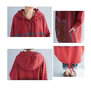 YESNO Women Casual Loose Ethnic Floral Hoodies Sweatshirts Jackets Curved Hemline with Drawstring Long Sleeve/Pockets JCJ (One Size YK9 Red)