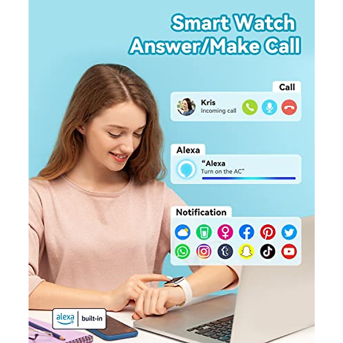 RERE ASW2-Pro Smart Watch (Answer/Make Call), Alexa Built-in, 1.8“ Fitness Tracker with 100 Sport Modes, Heart Rate, Blood Oxygen, Sleep Monitor, Fit for Android and iPhone, IP68 Waterproof, (Pink)